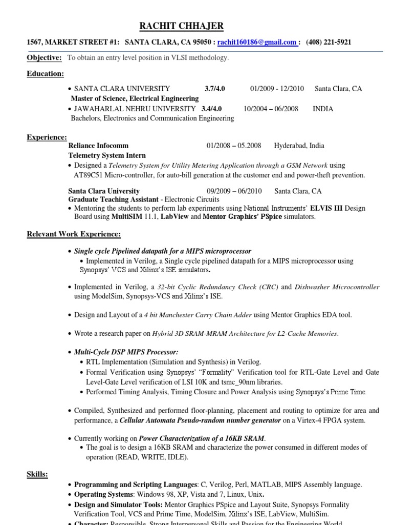 Entry-Level VLSI Engineer Resume | PDF | Microprocessor | Computer Engineering