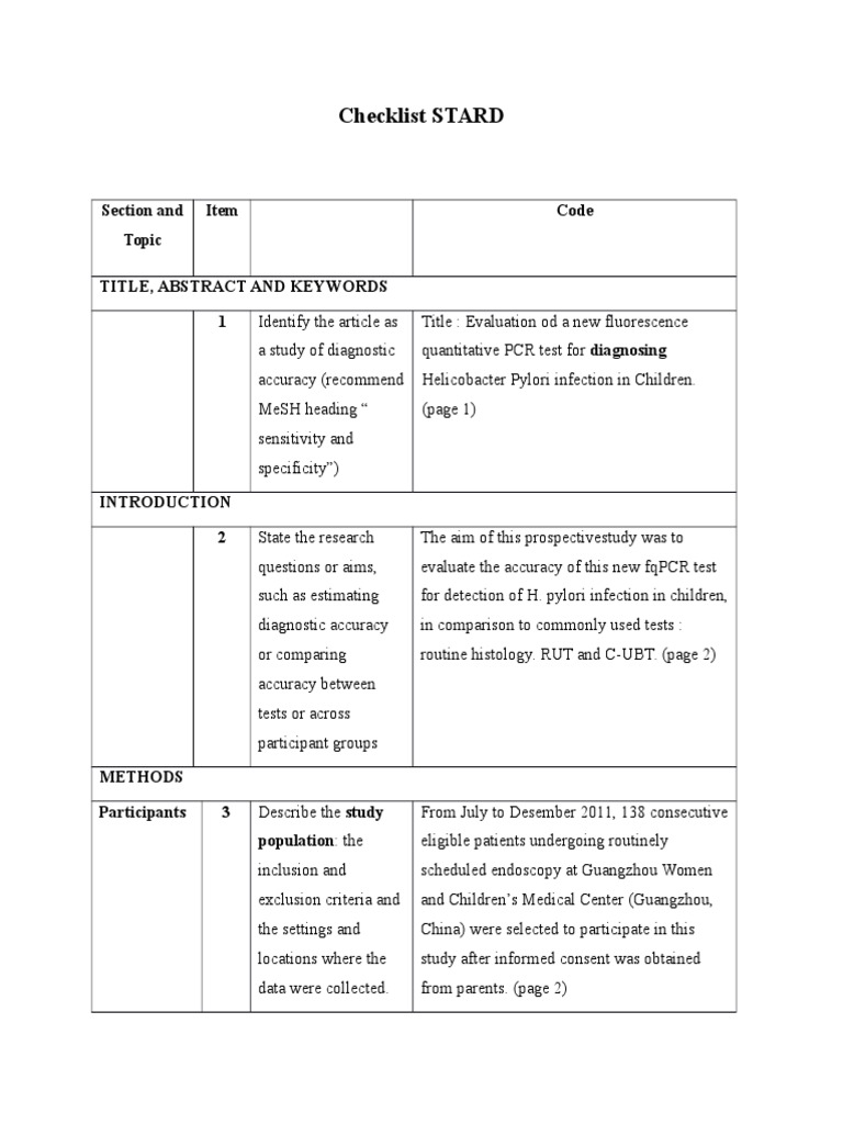 Checklist STARD: Section and Topic Item Code | Download Free PDF ...