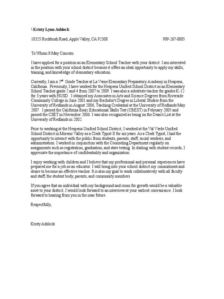 Elementary Teacher Application Letter | PDF
