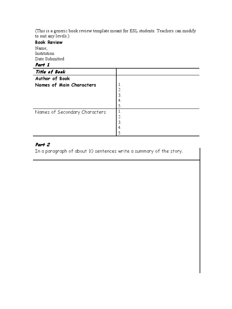 ESL Book Review Template for Students | PDF | Symbols | Human Communication
