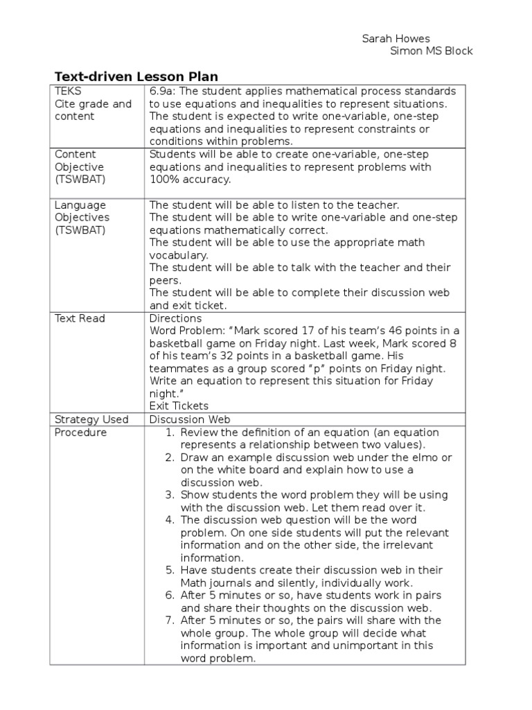 text-based lesson plan | Lesson Plan | Psychological Concepts