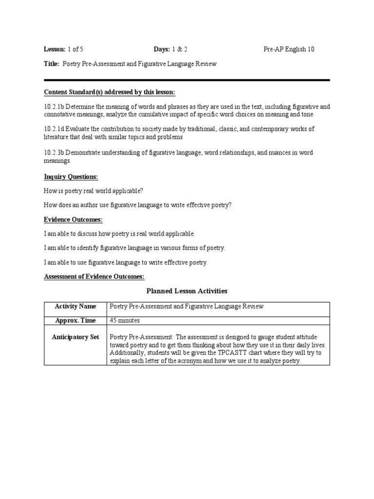 Poetry and Figurative Language Review | PDF | Educational Assessment ...