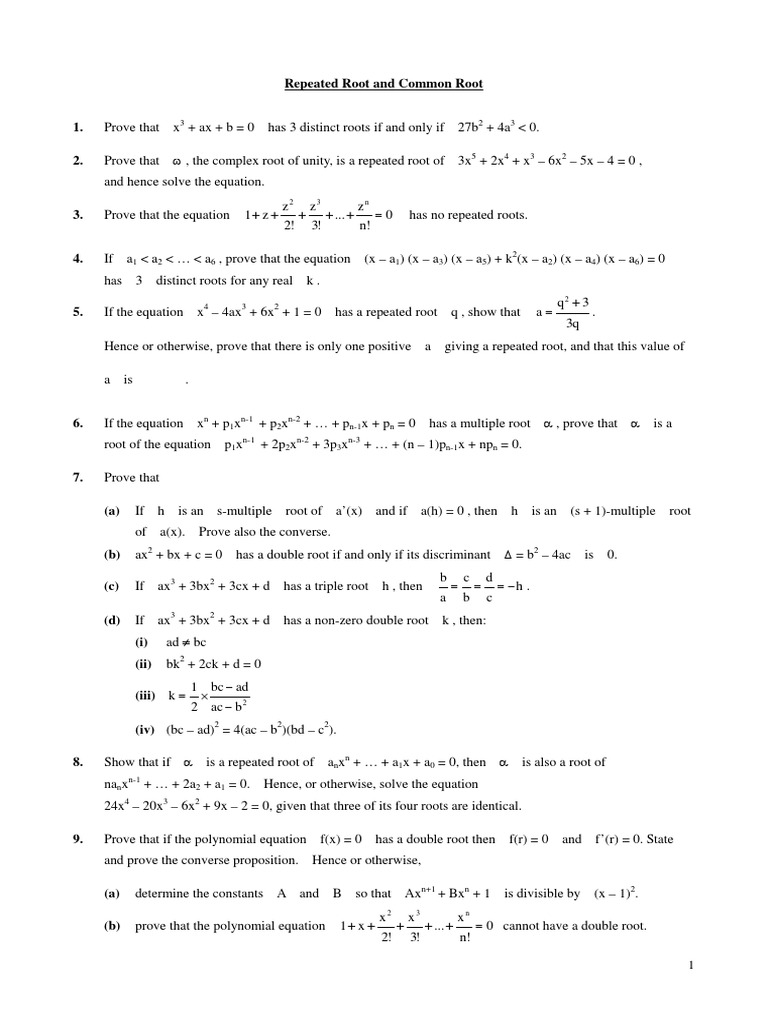Repeated Root and Common Root Exercise PDF | PDF | Equations | Complex ...