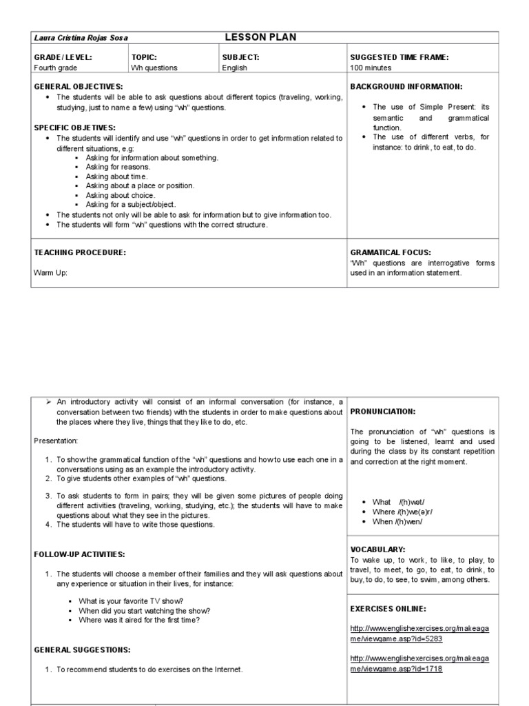 LESSON PLAN WH Questions | PDF | Question | Syntax