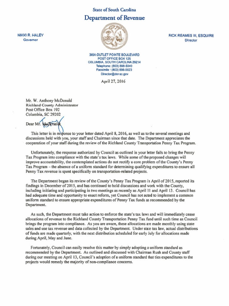 DOR Letter To Richland County Council | PDF | Government Finances | Taxes