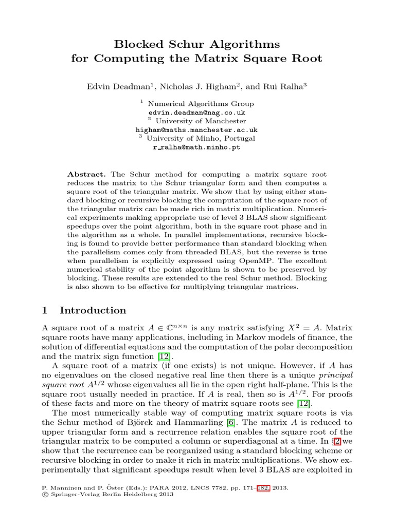 Efficient and Stable Blocked Algorithms for Computing Matrix Square Roots via the Schur Method ...