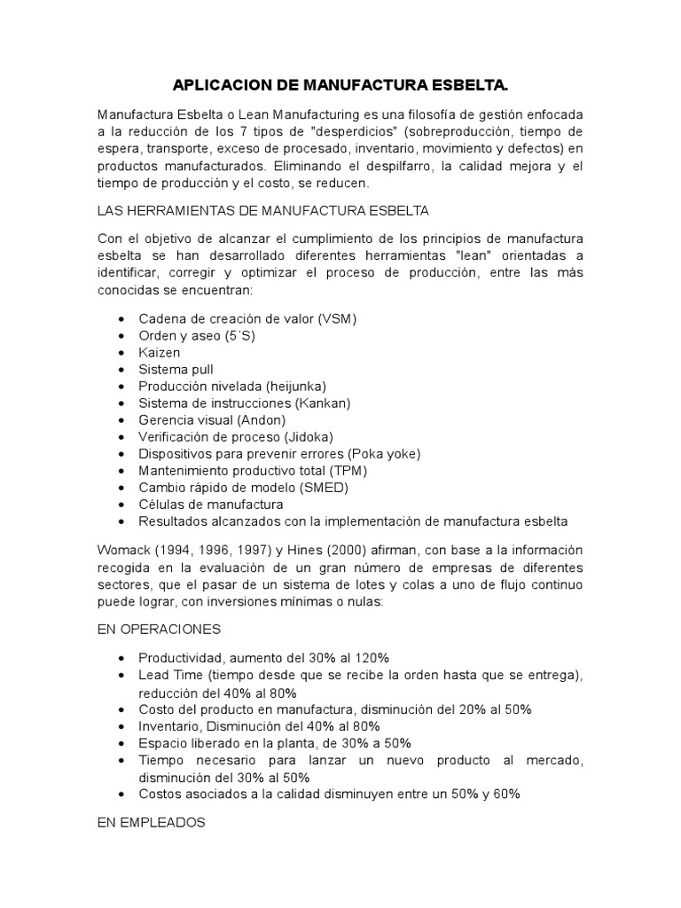 Principios y beneficios de la aplicación de la Manufactura Esbelta para mejorar la eficiencia ...