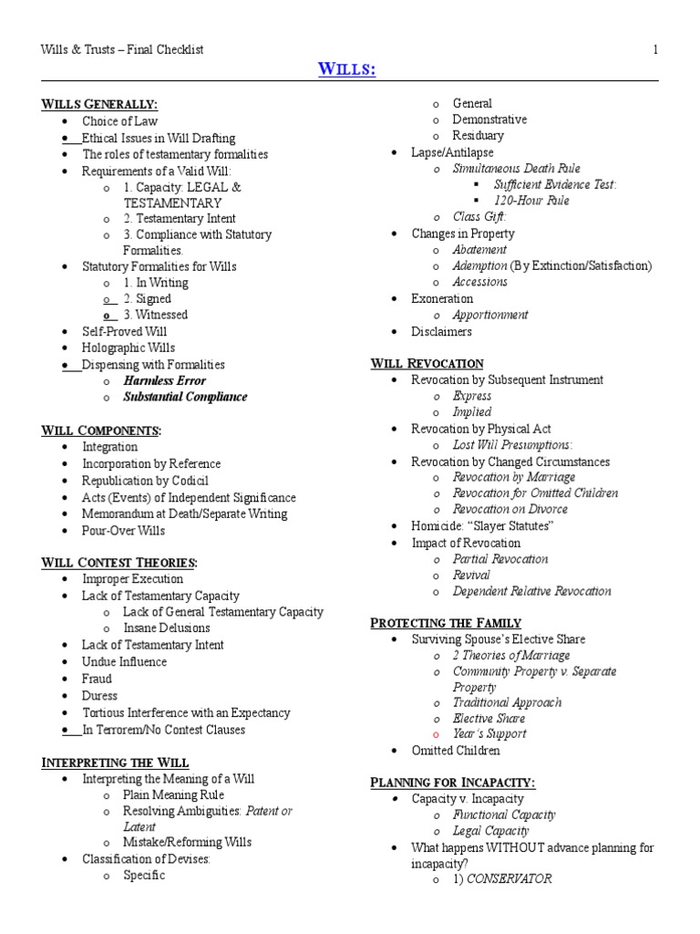 Wills Checklist | PDF | Trust Law | Will And Testament