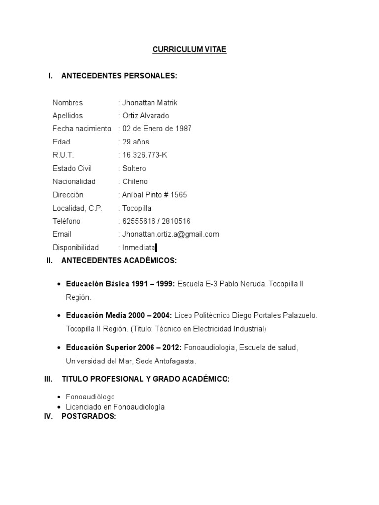 Curriculum Vitae Fonoaudiologo Jhonattan Ortiz | Patología del habla y ...