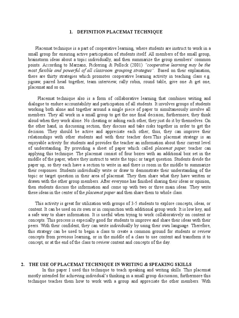 Placemat Strategy Explanation | PDF | Question | Teachers