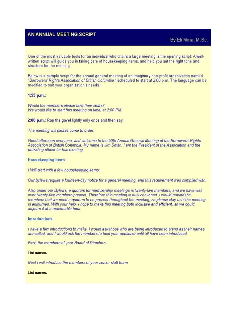 An Annual Meeting Script | Download Free PDF | Agenda (Meeting ...