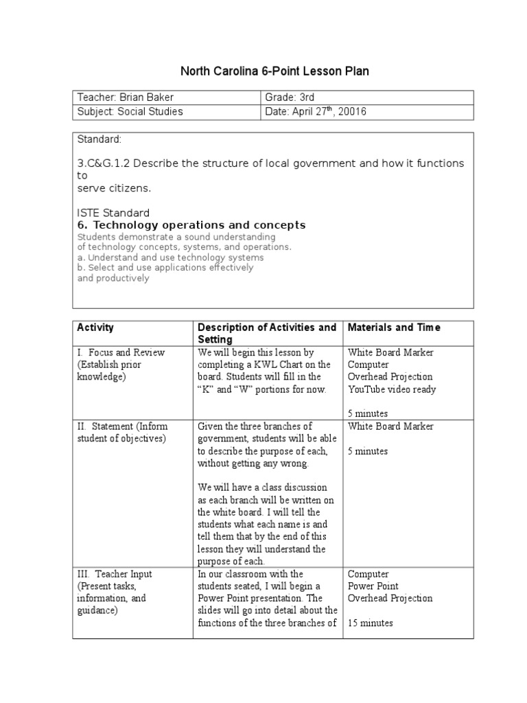 North Carolina 6-Point Lesson Plan: 6. Technology Operations and ...