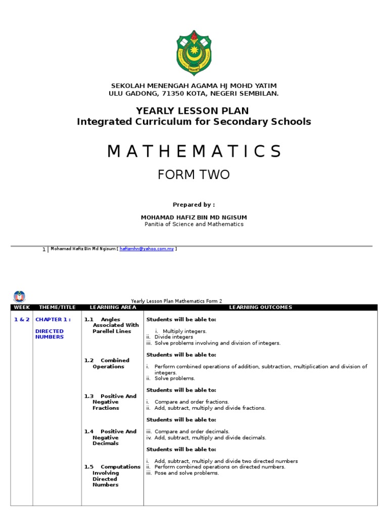 Yearly Lesson Plan Math F2 | PDF | Circle | Equations
