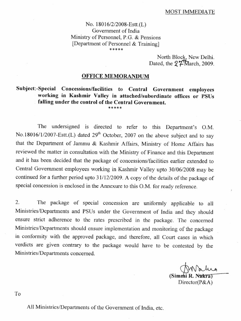 DOPT O.M Dated 27.03.2009 | PDF | Government Of India | Employment