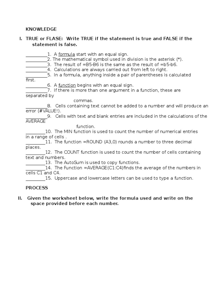Knowledge I. TRUE or FLASE: Write TRUE If The Statement Is True and FALSE If The Statement Is ...