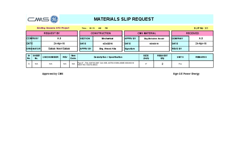 Materials Slip Request: Request by Construction Cms Material Received ...