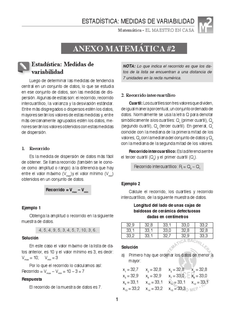 Anexo Matematica 2 Estadistica Medidas de Variabilidad | PDF | Dispersión estadística | Diferencia