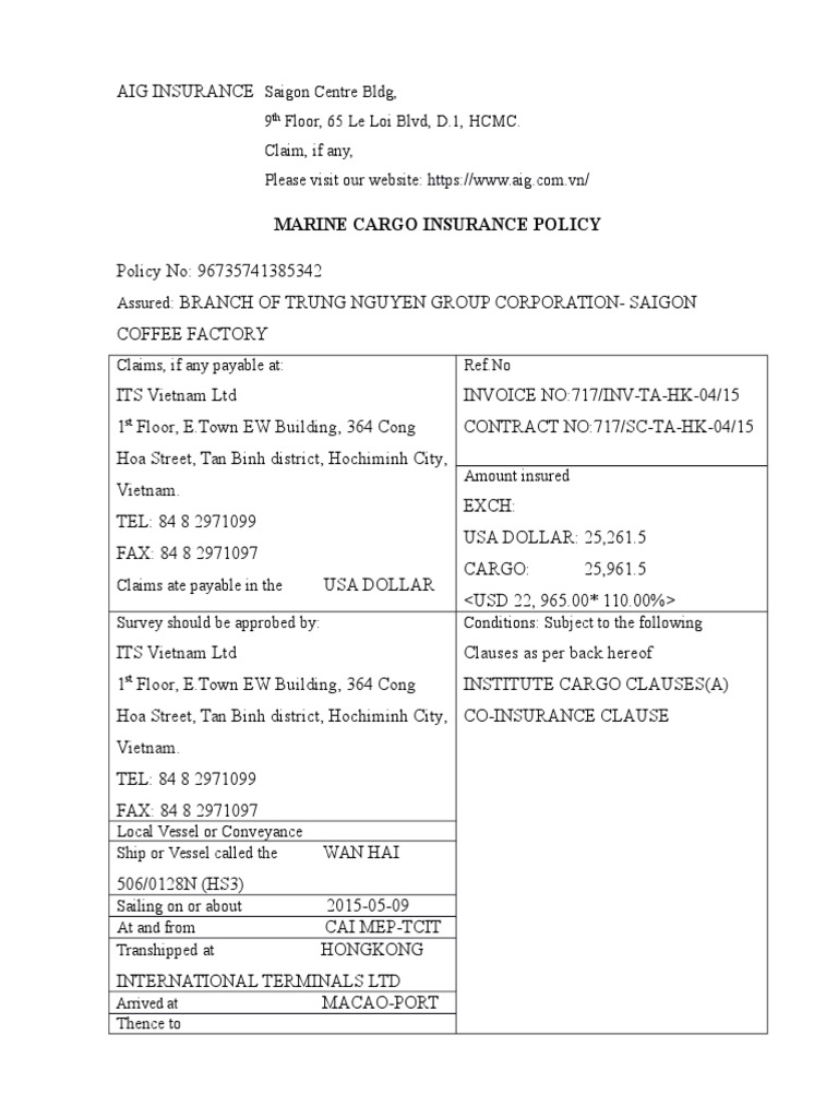Marine Cargo Insurance Policy | PDF | Business | Law