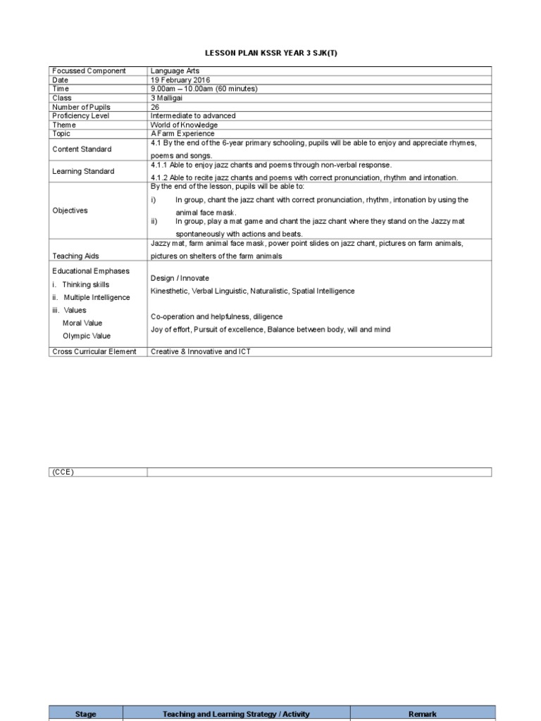 Lesson Plan KSSR Year 3 SJK (T) | PDF | Rhythm | Poetry