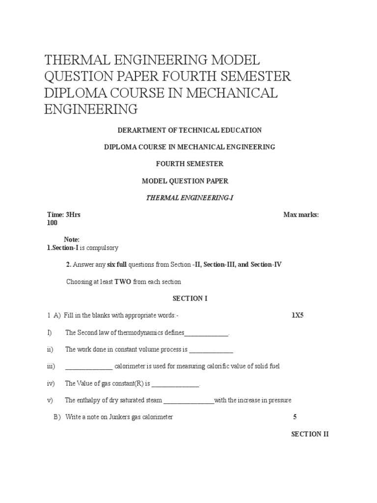 Thermal Engineering Model Question Paper Fourth Semester Diploma Course in Mechanical ...
