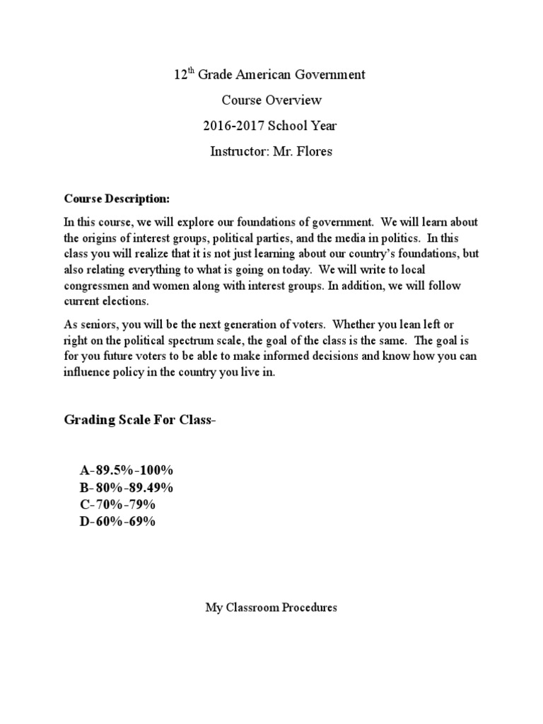 12th Grade American Government Course Guide | PDF | Homework | Schools