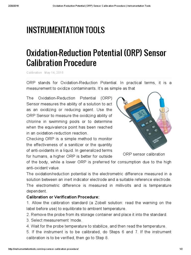 Oxidation Reduction Potential Orp Sensor Calibration Procedure Calibration Applied And
