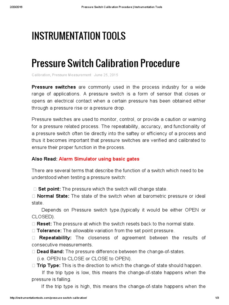Pressure Switch Calibration Procedure Download Free Pdf Calibration
