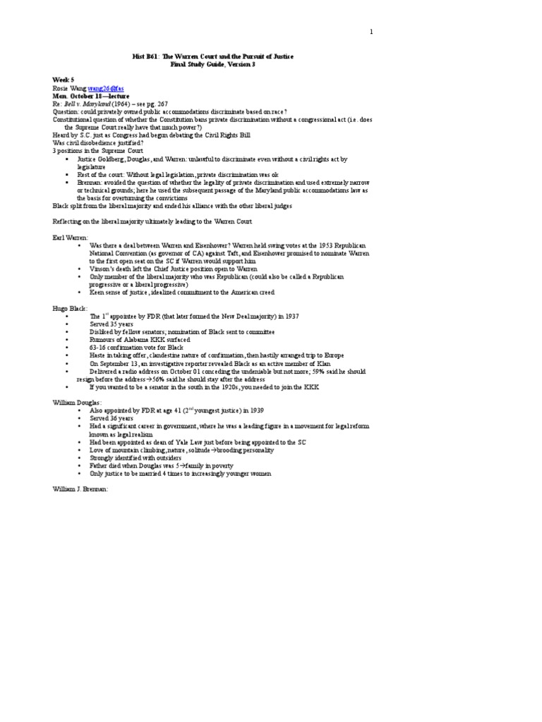 Hist B - 61 The Warren Court Study Guide 1 | PDF | Equal Protection ...