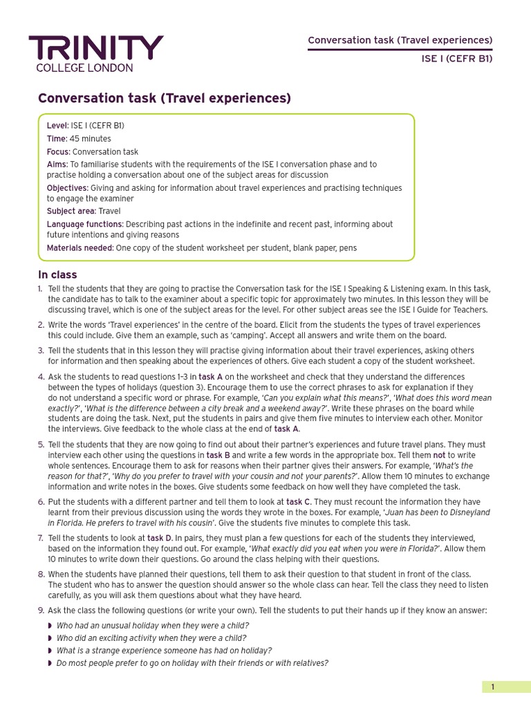 ISE I - Conversation Task (Travel Experiences) | PDF | Question ...