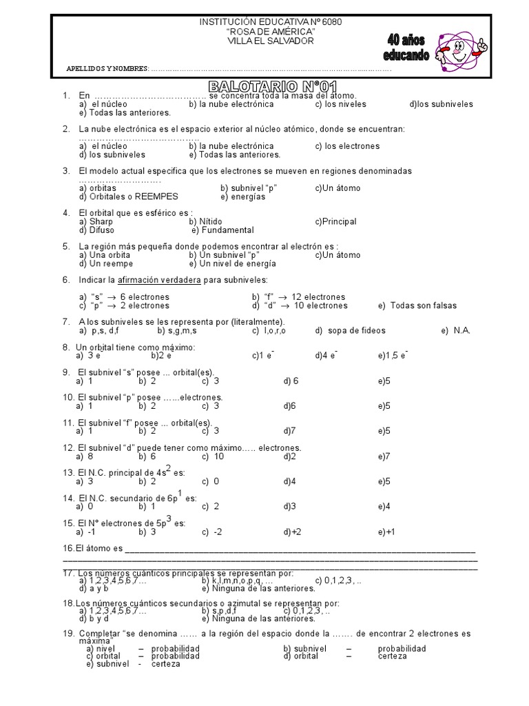 Ejercicios sobre Niveles y Subniveles Atómicos | PDF | Configuración ...