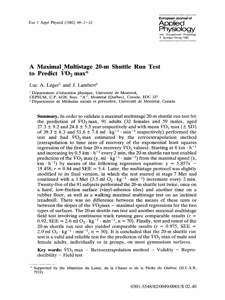 1982 49 A Maximal - Multistage 20-m Shuttle Run Test To Predict VO2 Max ...