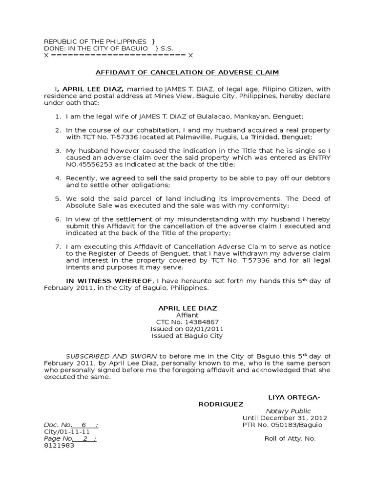 Affidavit for Cancellation of Adverse Claim | PDF | Affidavit | Law And ...