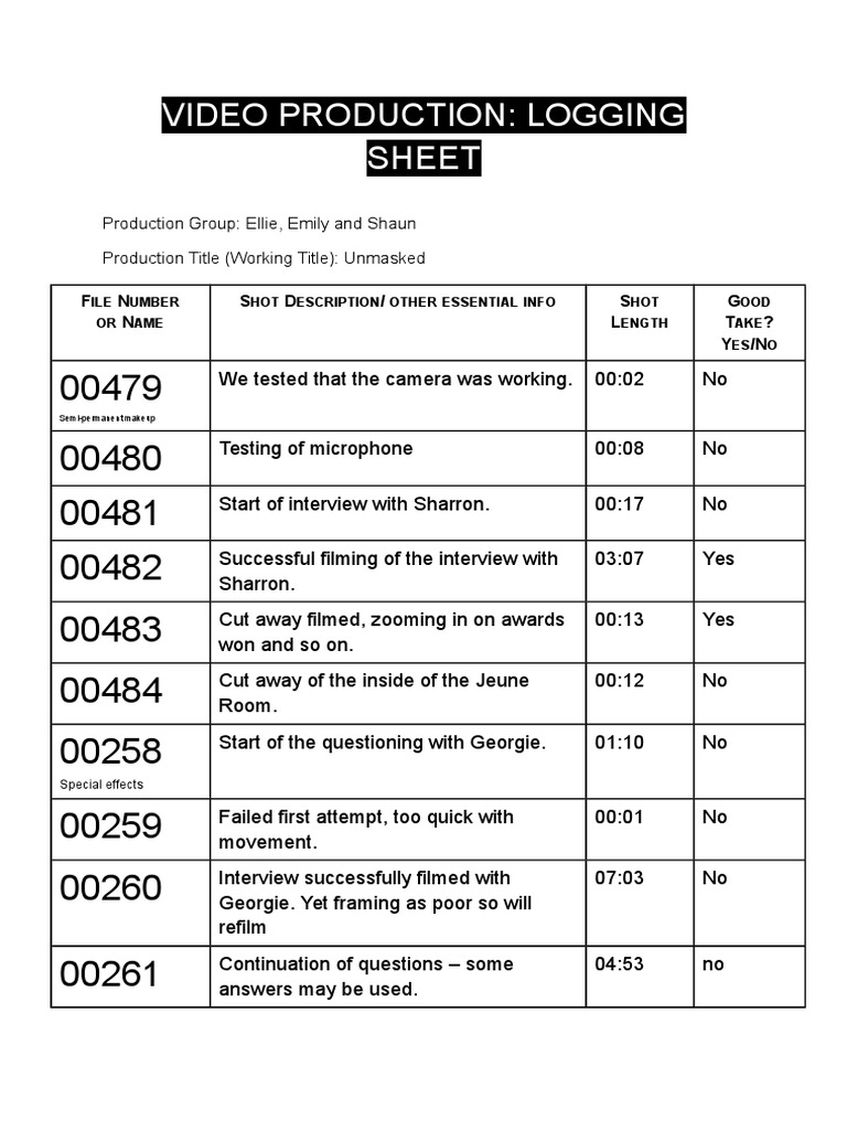 Video Production: Logging Sheet: Production Group: Ellie, Emily and ...