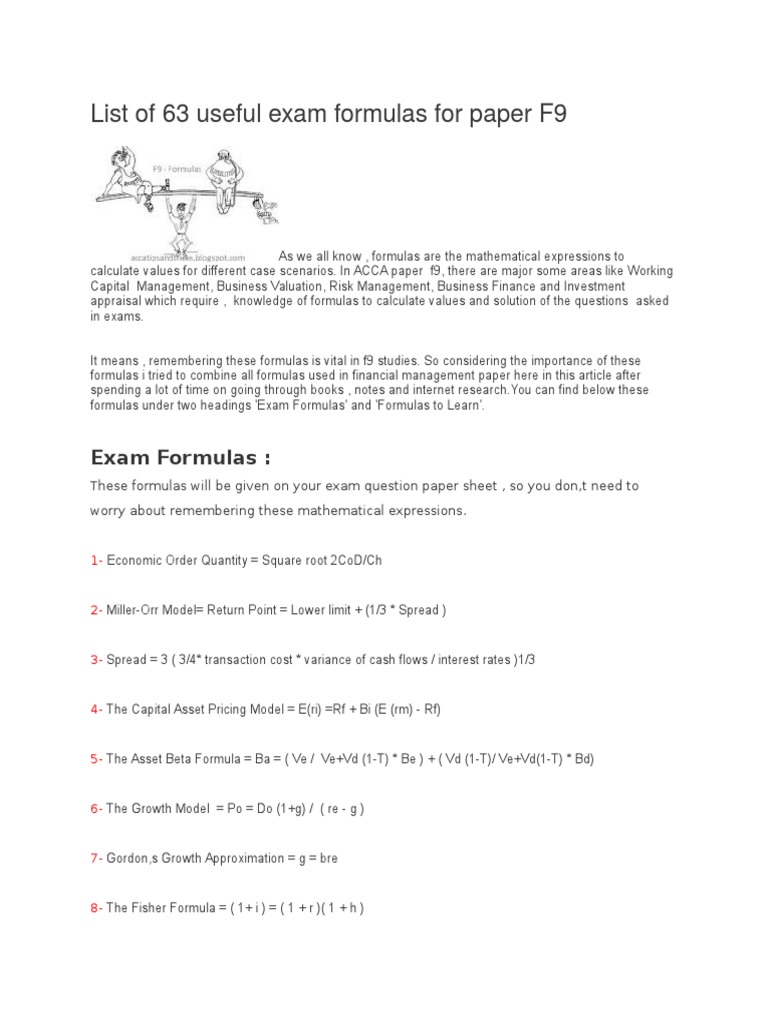 List of 63 Useful Exam Formulas For Paper F9 | PDF | Dividend | Equity ...