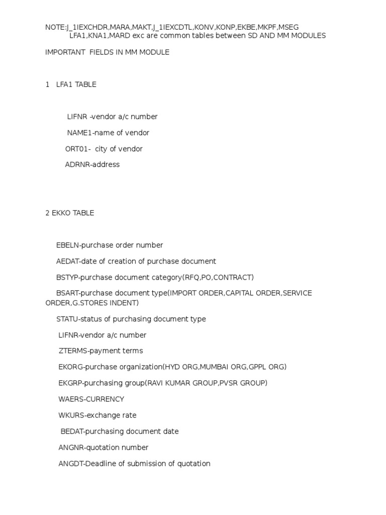 Key SAP MM Tables and Fields Overview | PDF | Invoice | Business