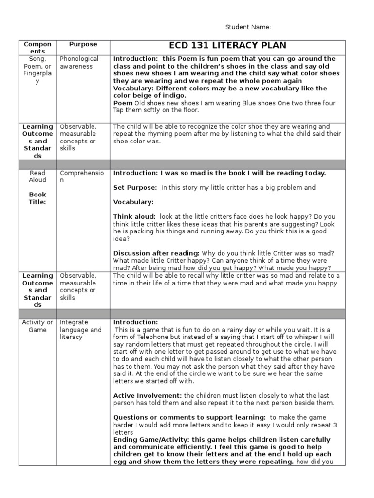 ECD 131 Literacy Plan Activities | PDF | Reading Comprehension | Learning
