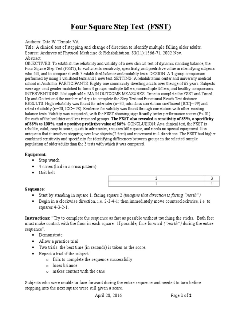 Four Square Step Test | Sensitivity And Specificity | Validity (Statistics)