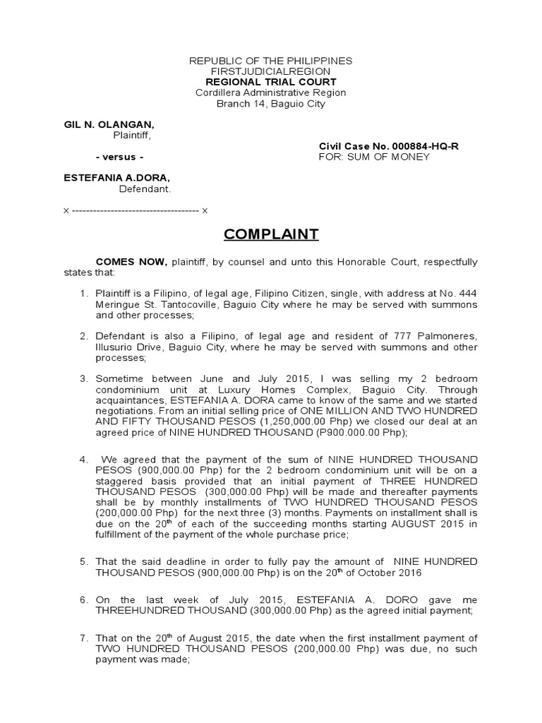 Complaint For Collection of Sum of Money | PDF | Plaintiff | Complaint