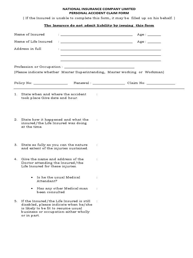 National Insurance Personal Accident Claim Form | PDF | Finance & Money ...