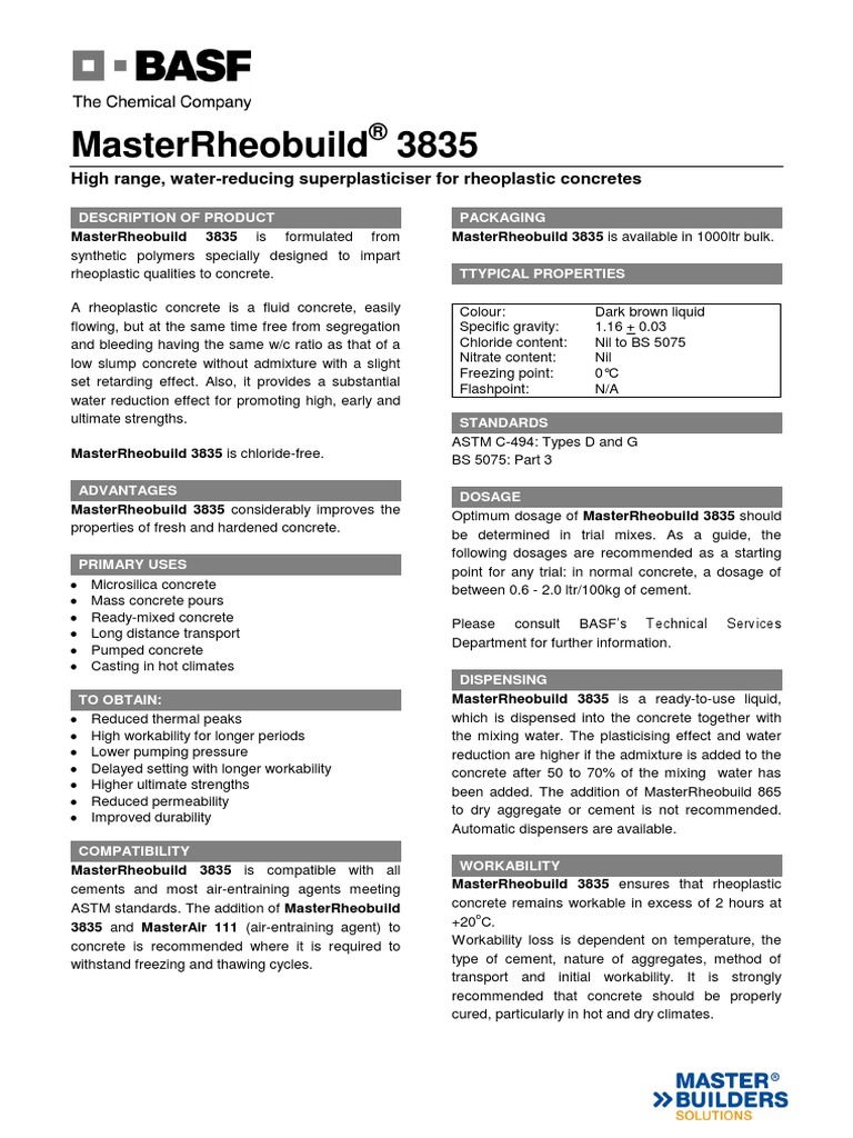 Basef Admixture Type G Data Sheet | PDF | Concrete | Applied And ...