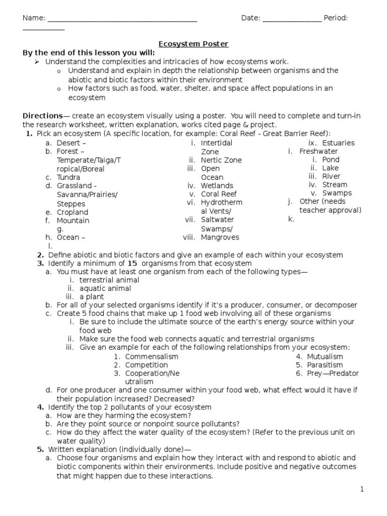 Ecosystem Poster Project - Rubric Research Sheet 2016 | PDF | Food Web ...