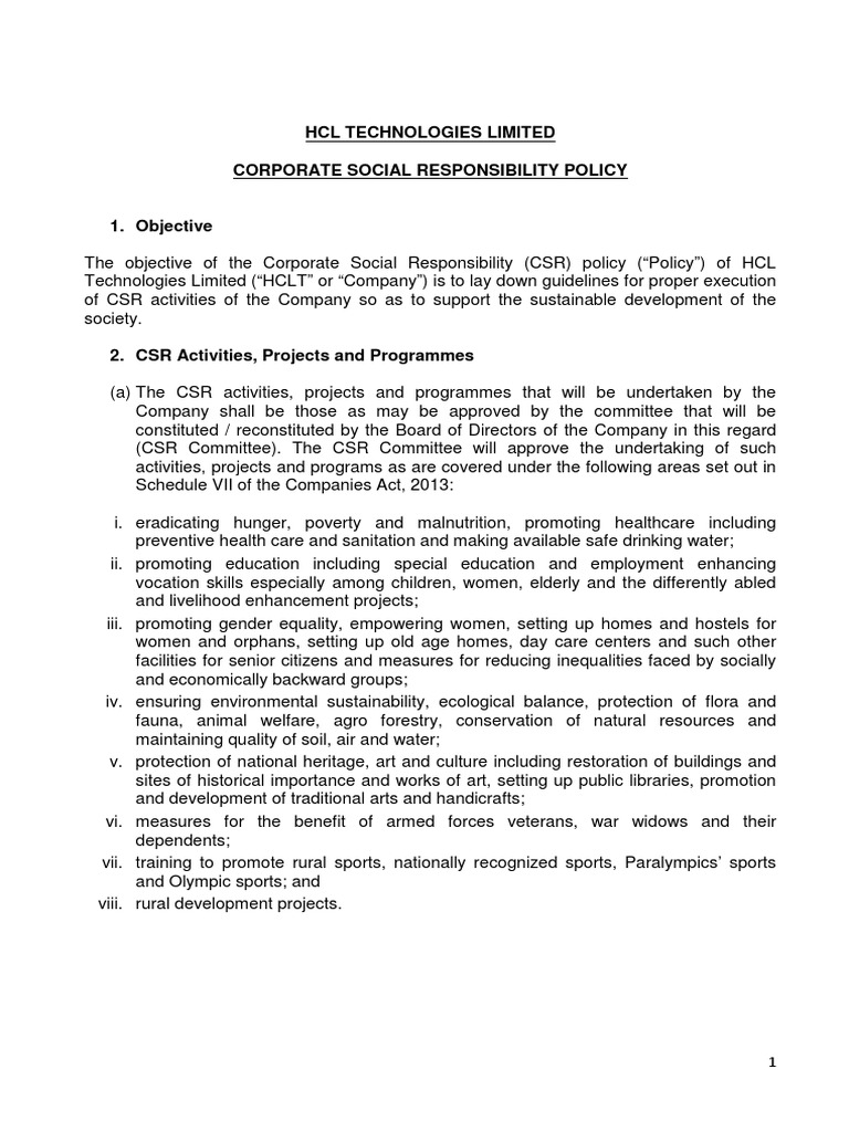 Corporate Social Responsibility Policy | PDF | Corporate Social ...