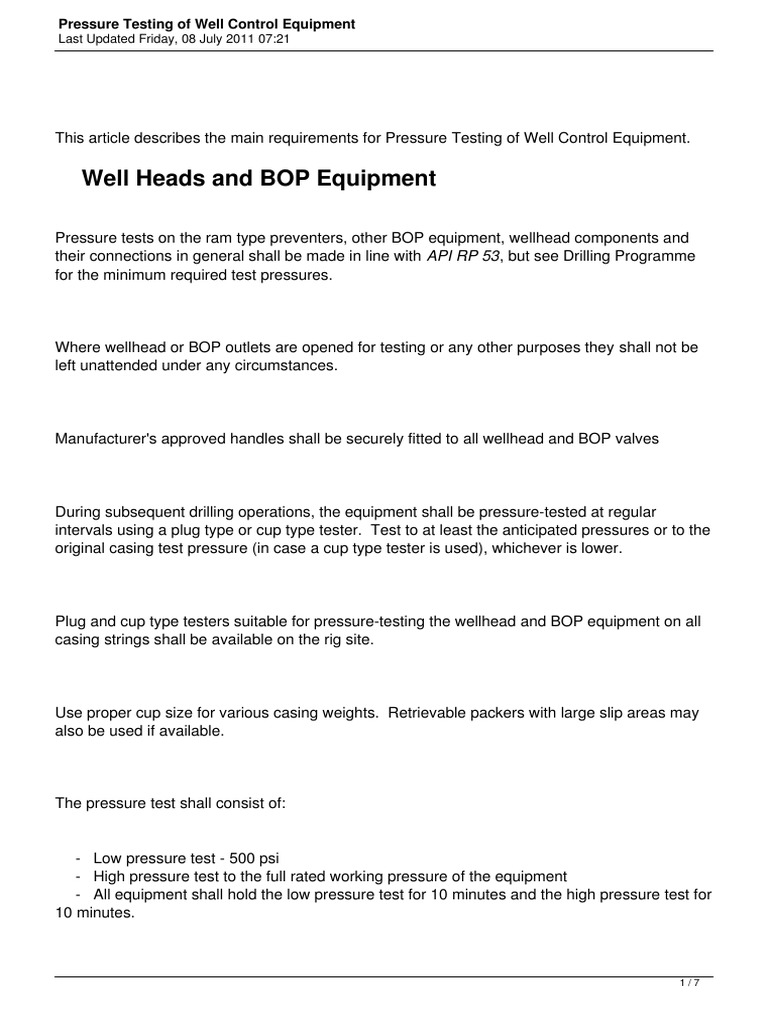 Well Control Equipment Pressure Testing | PDF | Casing (Borehole) | Oil ...