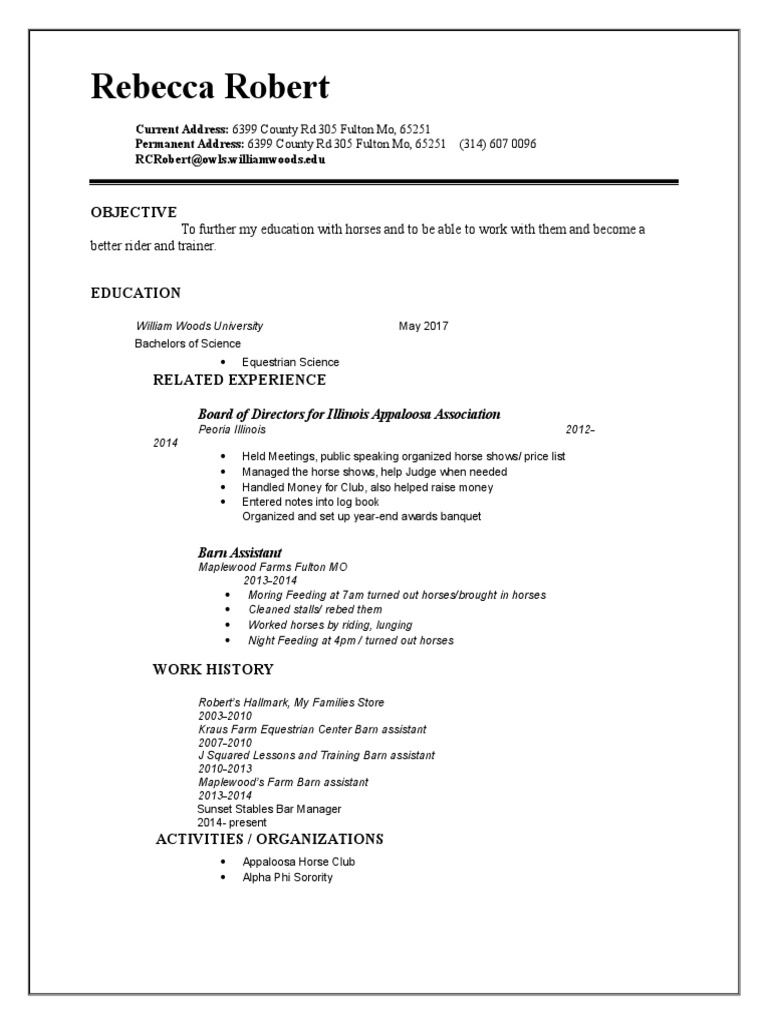 Equestrian Science Resume of Rebecca Robert | PDF | Sports & Recreation