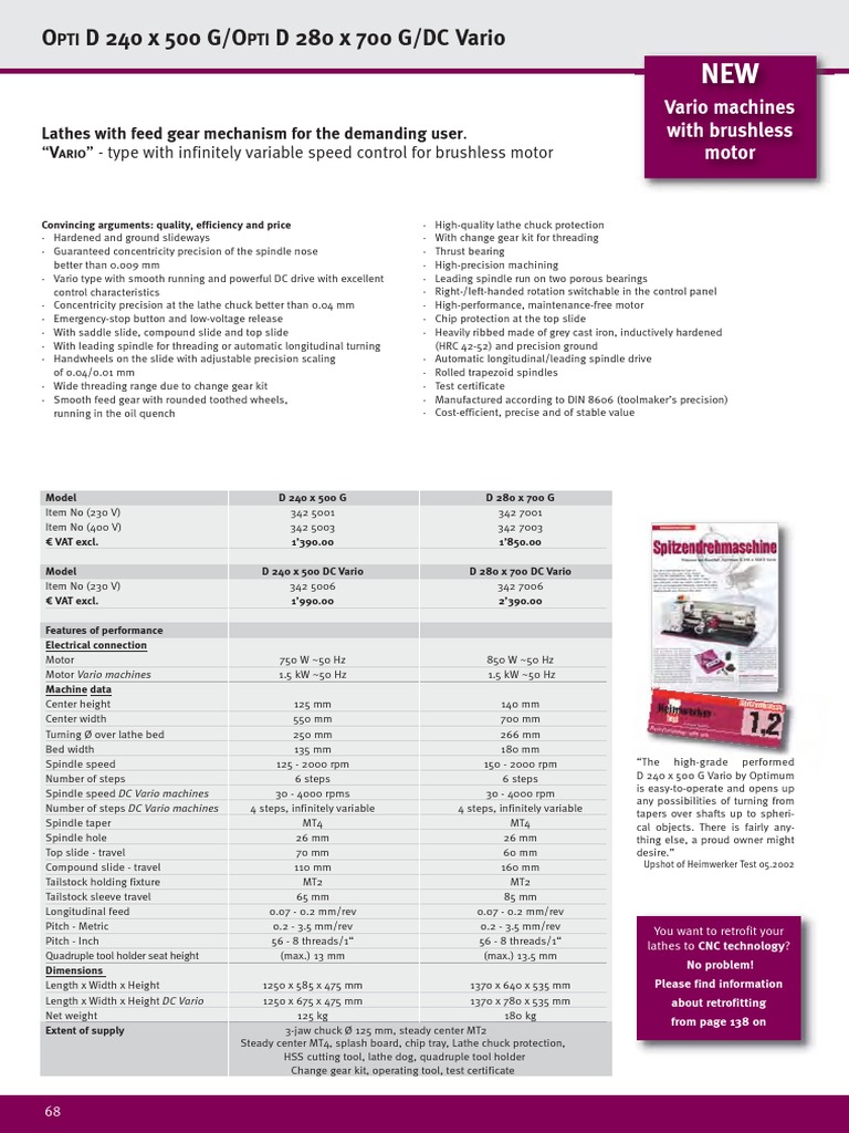 Optimum D240x500G | PDF | Gear | Machining