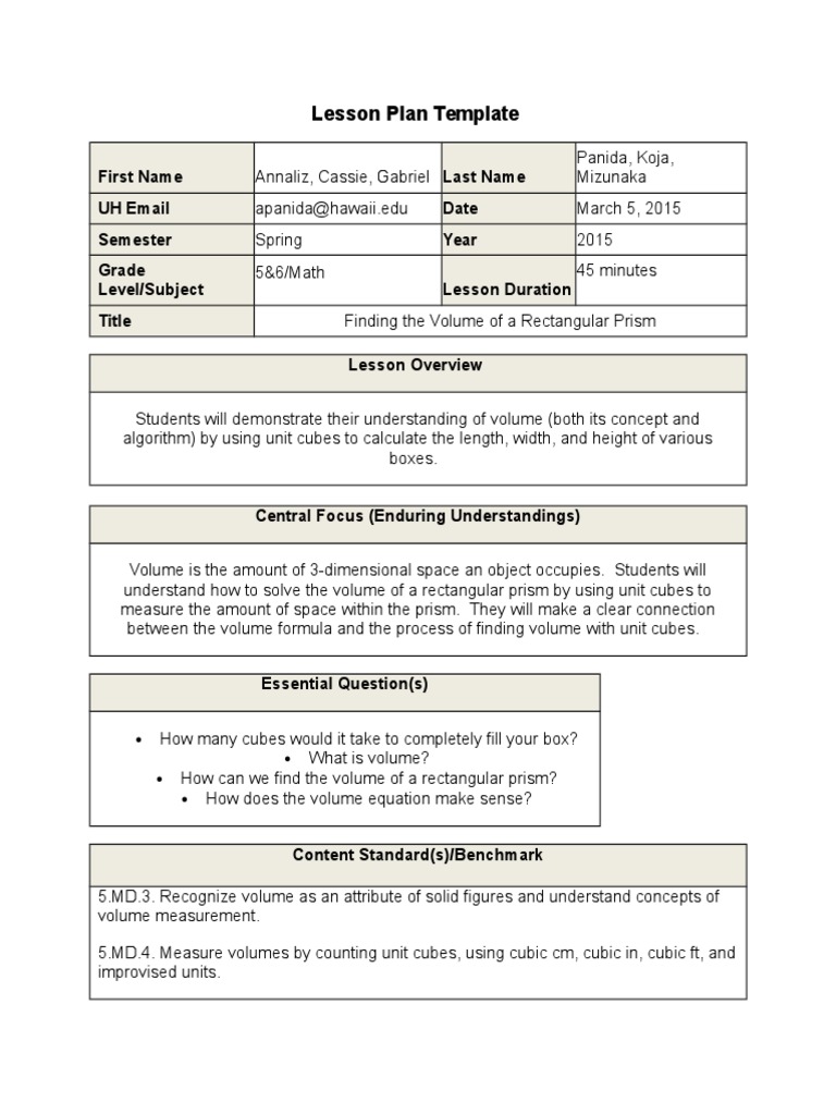 volume lesson plan | Volume | Educational Assessment