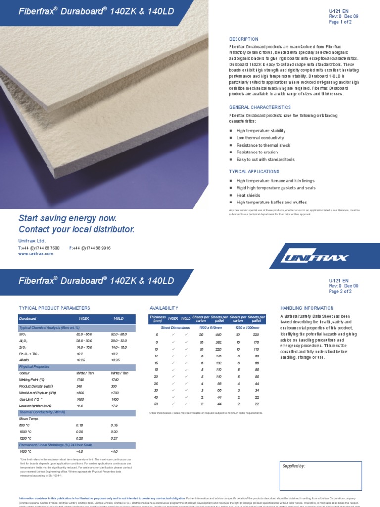 Fiberfrax Duraboard 140 en | PDF | Refractory | Materials
