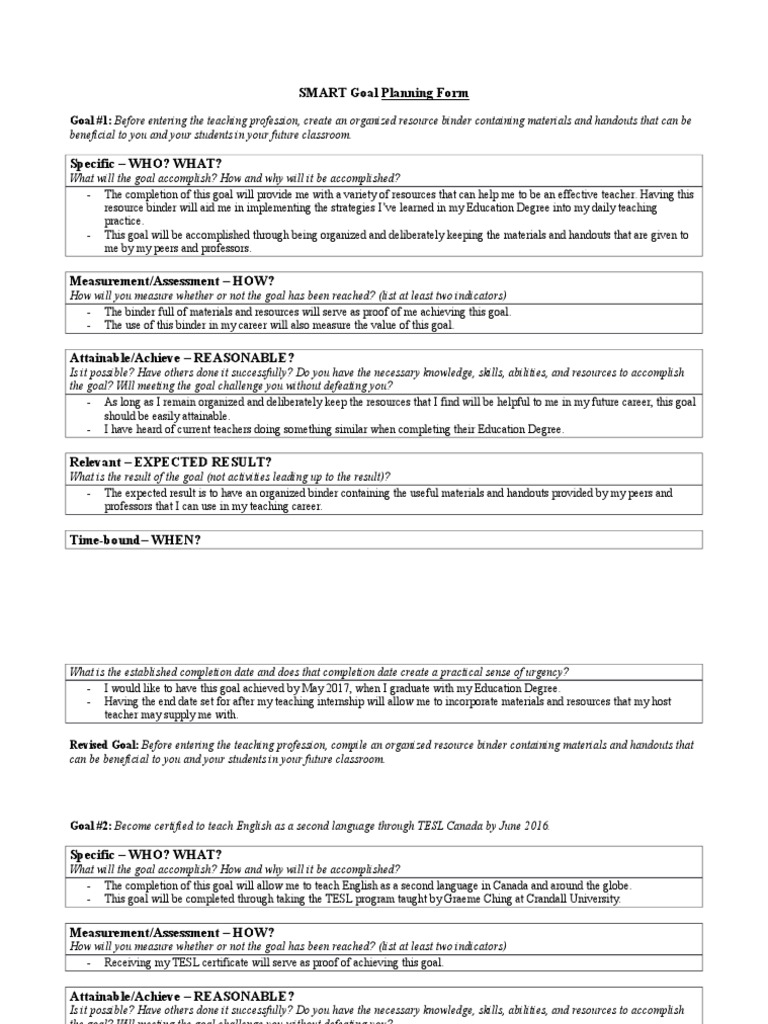 Portfolio SMART - Goals | PDF | Goal | English As A Second Or Foreign ...