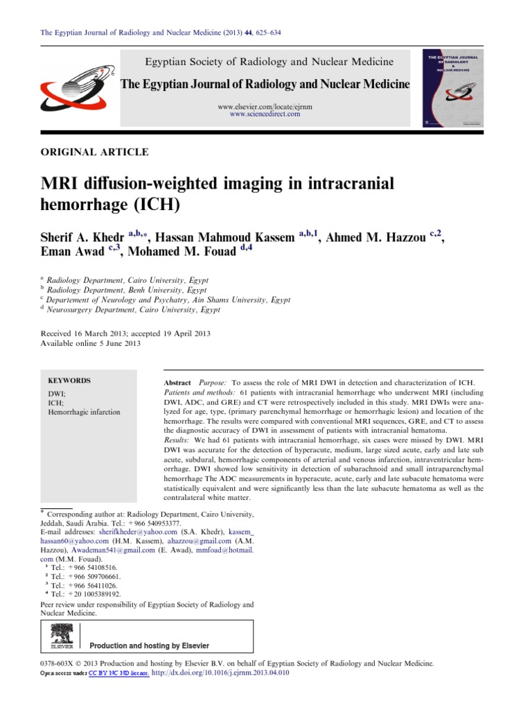 MRI Diffusion-Weighted Imaging in Intracranial Hemorrhage (ICH) | PDF ...