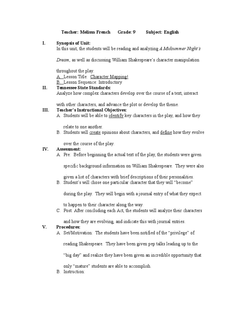 Character Mapping in Midsummer Night's Dream | PDF | Lesson Plan ...
